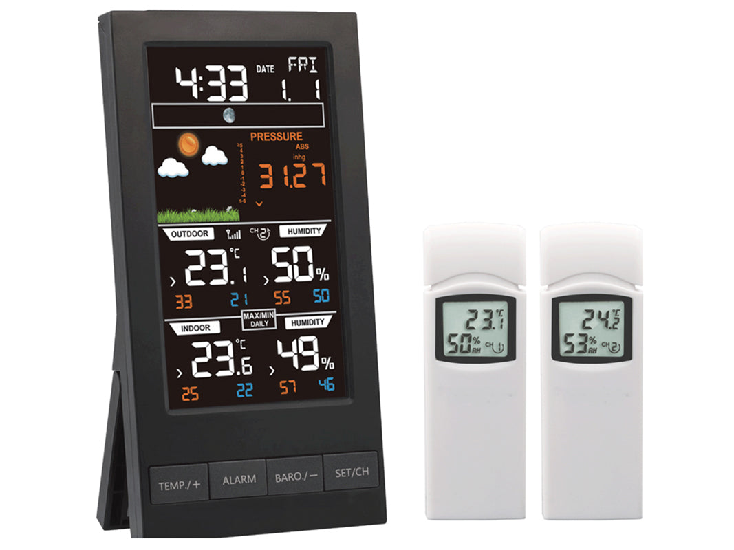 Wireless weather station with 2 sensors, 3 channels, color screen, – misol